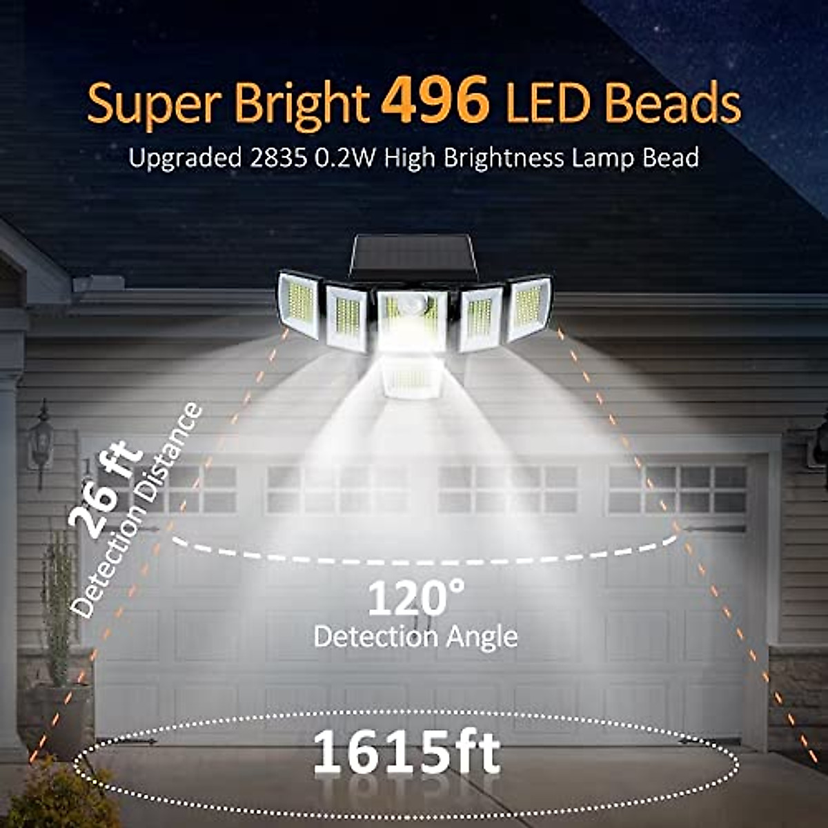 DazzLiteer Solar Lights Outdoor, 496 LEDs Motion Sensor Light, 6 Adjustable Heads 320° Wide Angle Flood Light, 3 Lighting Modes IP65 Waterproof Security Lights for Patio Perimeters, Garden (1 Pack)