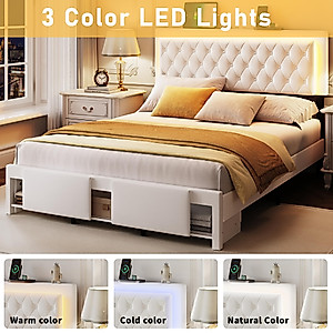 XEPAMU Bed Frame Full, Full Size Bed Frame with LED Lights Headboard and Charging Station, Full Size Bed Frame with Storage Cabinets, Sliding Barn Door/Noiseless/No Box Spring Needed/Metal Support