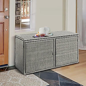 DORTALA Storage Box Patio Wicker Storage Bin Deck Box Cabinet w/Steel Frame, Deck Storage Container w/88 Gallon Capacity and Shelf for Furniture Tools in Garden Balcony Porch Yard, Gray