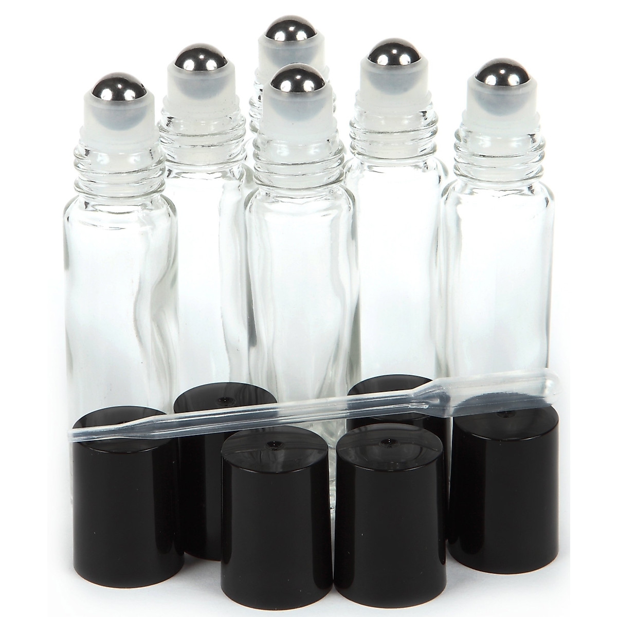 6, Clear, 10 ml Glass Roll-on Bottles with Stainless Steel Roller Balls - .5 ml Dropper included