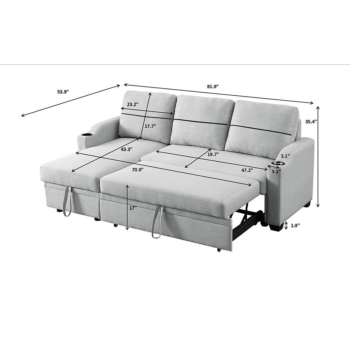 Eafurn Convertible Sectional Sleeper Pull Out Bed, 3-Seater L-Shaped Storage Chaise and 2 Cup Holders, Linen Fabric Upholstered Corner Sofa & Couches for Living Room, Gray 81"