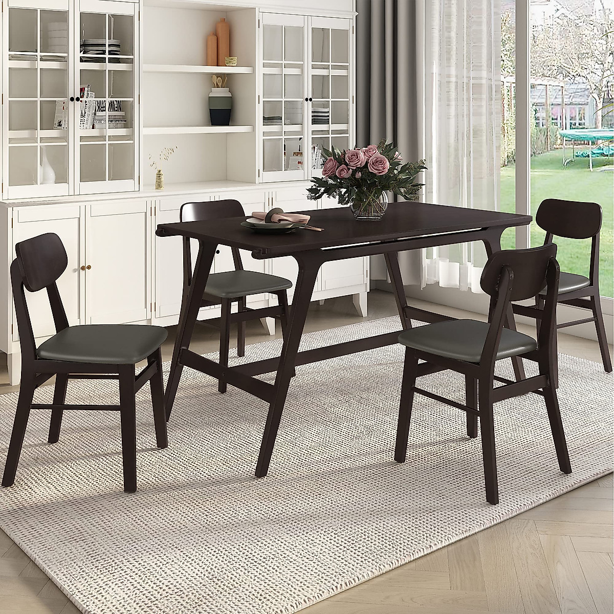 KoiHome 5-Piece Mid-Century Style Set Faux Leather, Seats up to 4, Wooden Table/Chair Frame for Dining Room, Restaurant, Kitchen (Wenge)