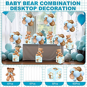 Lenwen 6 Sets Blue Bear Decorations for Baby Shower, Baby Letter Boxes Baby Shower Table Centerpieces Bear Stuffed Animals Balloon with Stand Bear Plush Toy Baby Boxes for Birthday Party Wedding