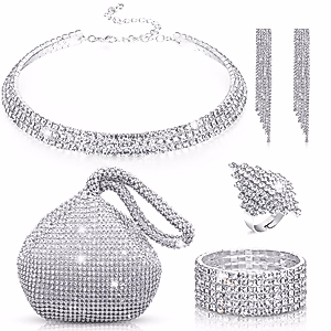 5 Pcs Women Crystal Jewelry Set Wedding Triangle Bling Evening Clutch Bag Glitter Rhinestone Stretch Choker Necklace Bracelet Ring Dangle Fringe Earrings for Bride and Bridesmaids (Silver)