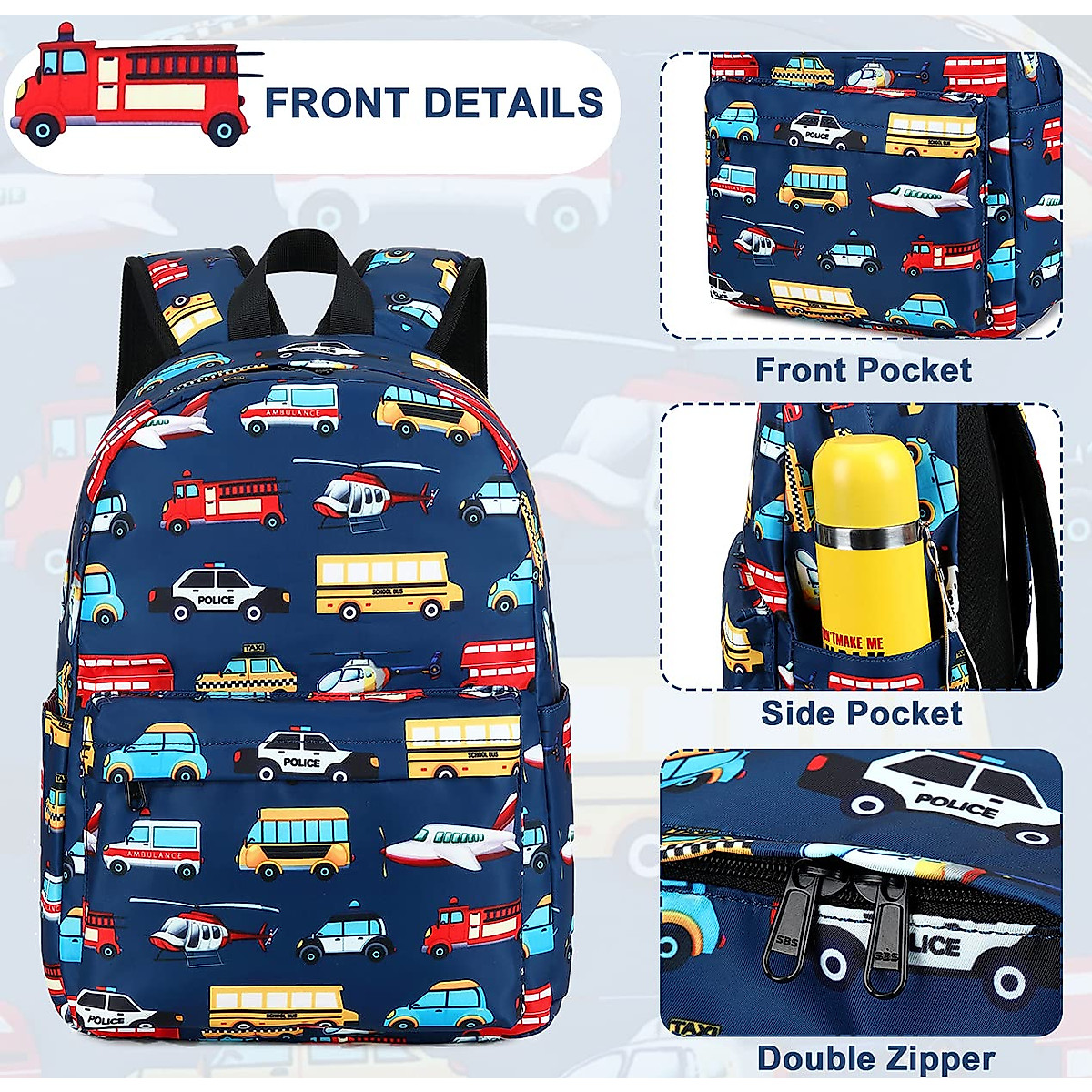 LEDAOU Kids School Backpack with Lunch Box for Boy Kindergarten BookBag School Bag Preschool Kindergarten Toddler Backpack (Car Airplane Pattern-Navy)