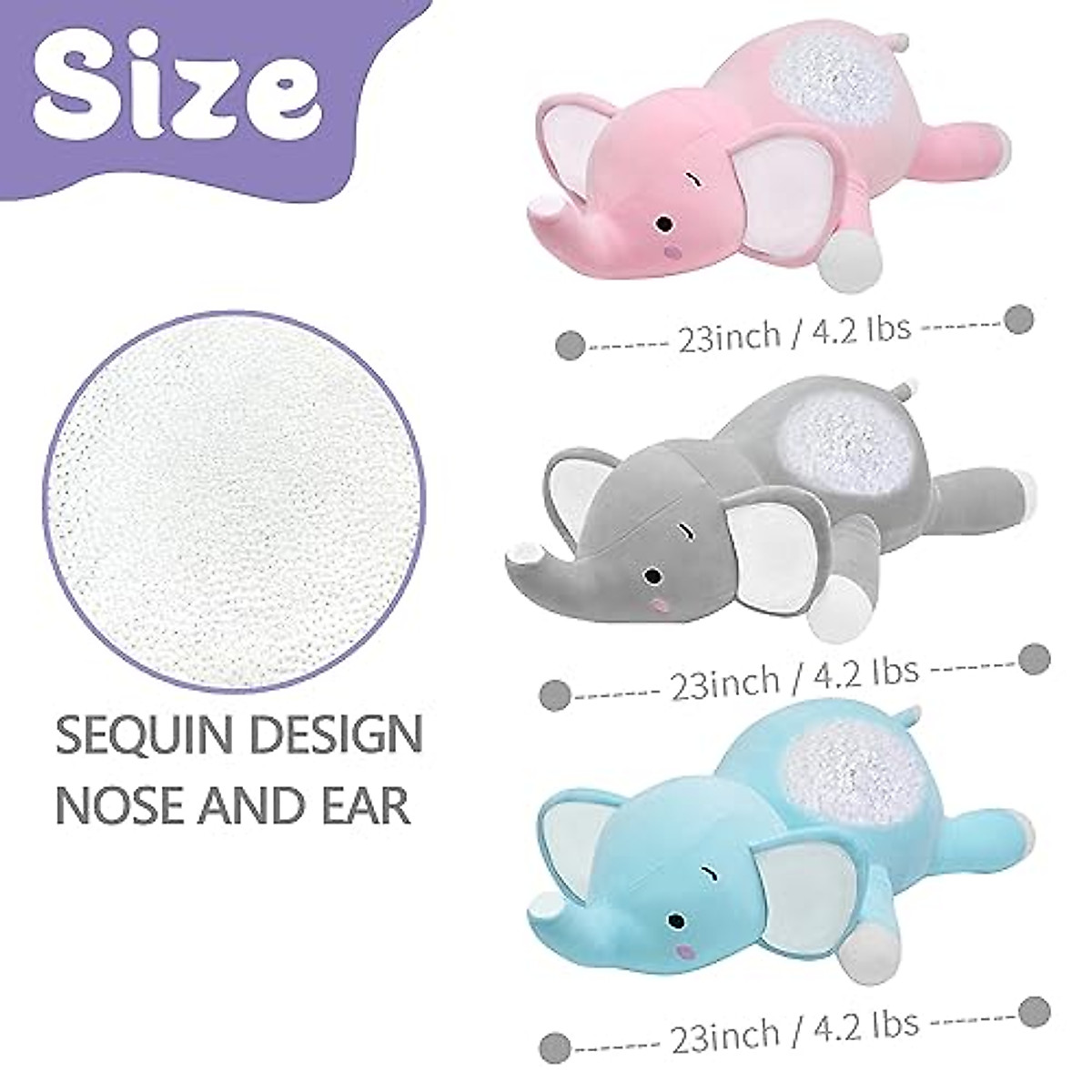 CSVBTRF Weighted Stuffed Animals, 4.2 lbs 23" Elephant Plush Hugging Pillow for Gift, Grey Elephant Stuffed Animals (Grey, 23")