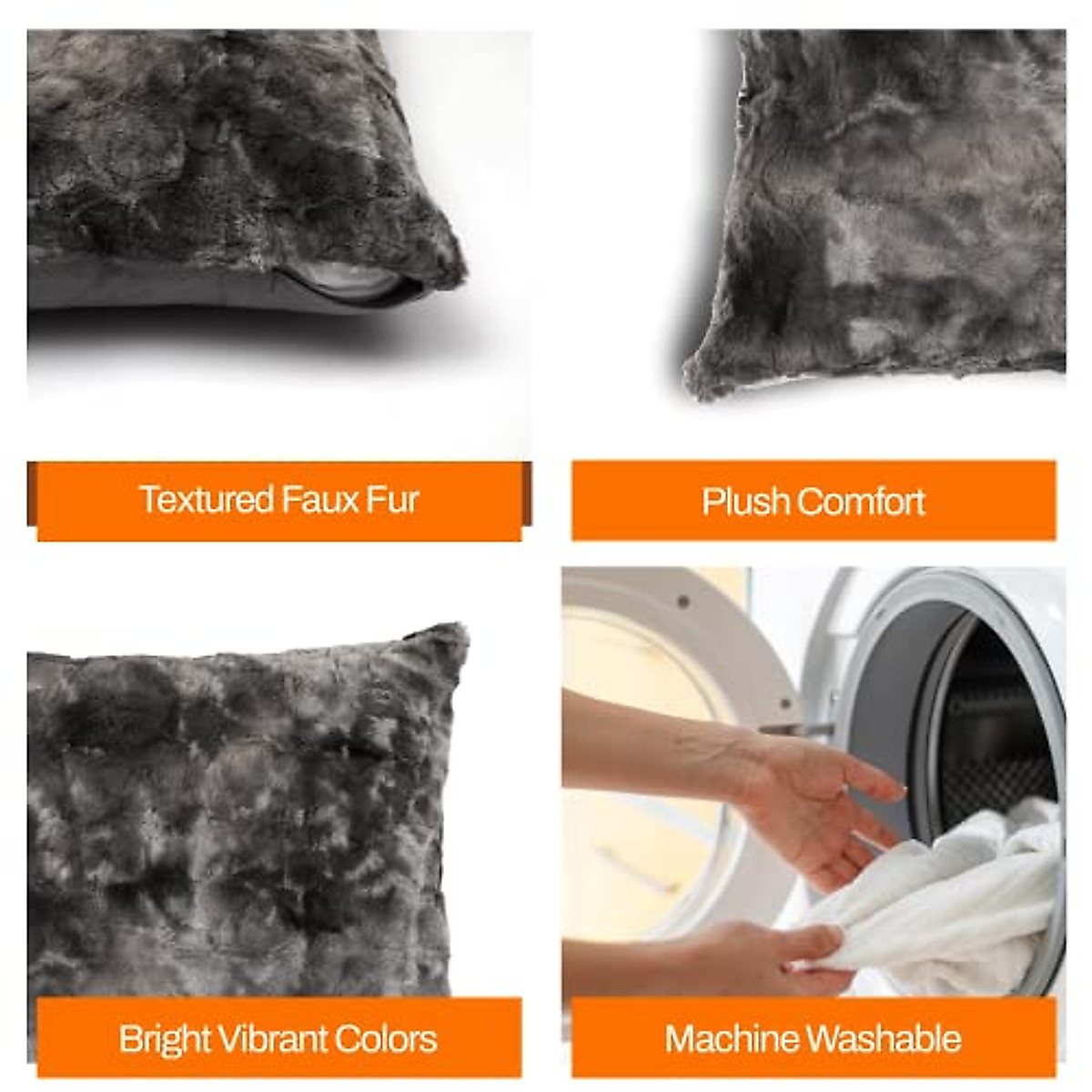 Cheer Collection Faux Fur Throw Pillow Set of 2 for Couch, Beds, Bedroom and Living Room - Ultra Soft and Cozy, Elegant Home Decor, Stylish Accent Pillows - 18" x 18", Gray & White