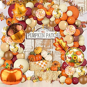 129pcs Fall Confetti Balloons, Huge Pumpkin Maple Pine Leaf Aluminum Foil Balloons Orange Brown Helium Latex Balloons for Birthday, Baby Shower, Thanksgiving, Friendsgiving Party Decorations Supplies