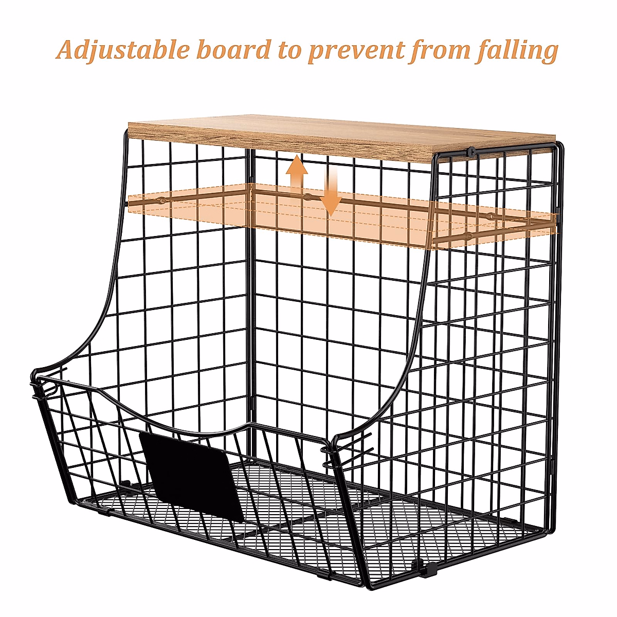 Fruit Basket for Kitchen with Wood Lid - Counter&Wall Mounted Onion and Potato Storage with Nameplate, Stackable Storage Basket, Hanging Metal Wire Baskets Kitchen Countertop Organizer Pantry 3 Pack