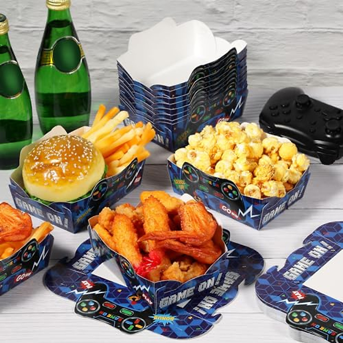 Funrous 50 Pcs Video Game Birthday Party Favors 2lb Disposable Paper Food Trays Snack Plates Gamer Birthday Party Decorations Supplies Gaming Food Boats Serving Trays for Nacho Hot Dogs Popcorn(Blue)