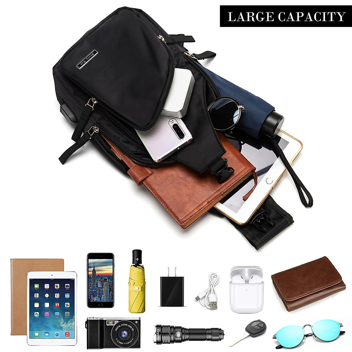 Men Sling Backpack Nylon Water Resistant Shoulder Chest Crossbody Sling Bag with USB Charging Port Black