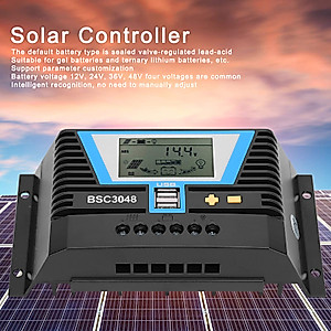 30A MPPT Solar Controller, 12V24V36V48V Intelligent Regulator, Charging Control, with Dual USB Port, LCD Digital Panel for Battery