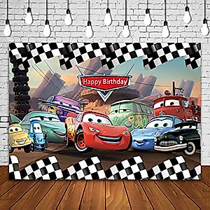 Cars Backdrop Cartoon Cars Birthday Party Supplies 3rd Happy Birthday Backdrop Black White Grid Red Photo Backgrounds Baby Shower Decorations Banner 5x3FT