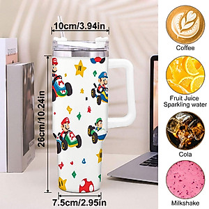 FOCIUZTA 40oz Playful Mario Kart Pattern Tumbler with Lid, Travel Coffee Cup, Ideal for Easter, Gaming Enthusiast, Mother Day, and Birthday Gifts
