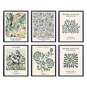Green Gallery Flower Market Posters for Room Aesthetic Floral Set of 6 Famous Matisse William Morris Van Gogh Canvas Wall Art Botanical Plant Print Painting Danish Pastel Wall Decor 8x10in Unframed