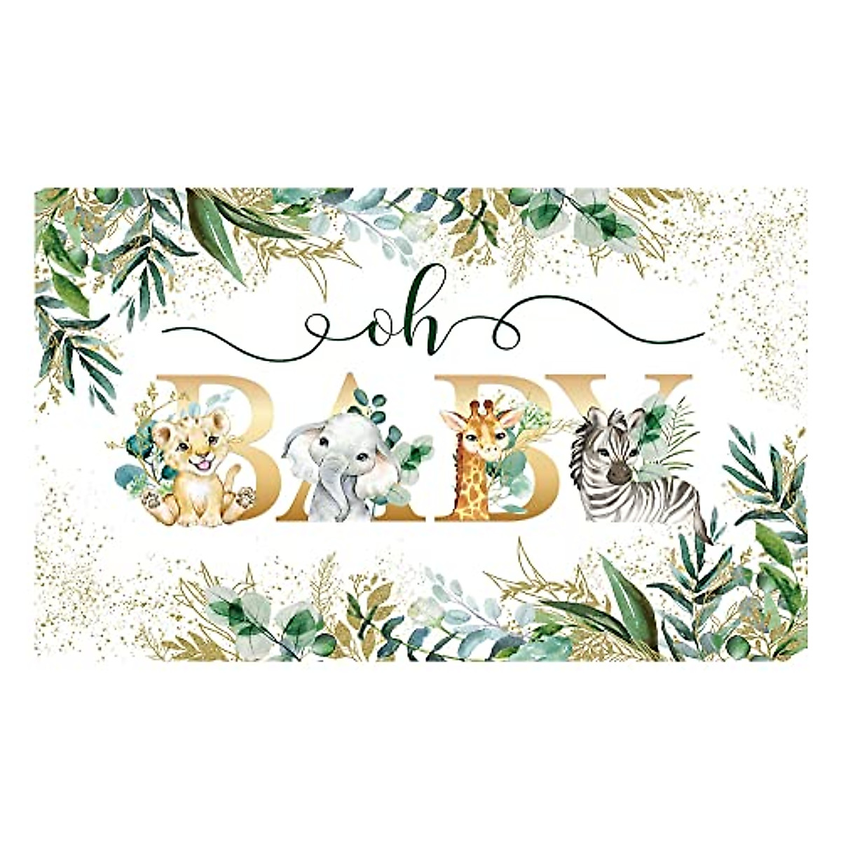 Allenjoy 70.8" x 43.3" Safari Baby Shower Backdrop Jungle Animals Oh Baby Party Banner Gold Greenery Leaves Decor Wild Gender Neutral Party Decorations Supplies