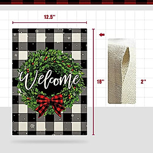 CMEGKE Christmas Garden Flags Welcome Wreath Garden Flag Black White Buffalo Plaid Check Double Sided Winter Yard Flag Holiday Outdoor Flag Home Farmhouse Christmas Decorations Outdoor 12.5 x 18 In