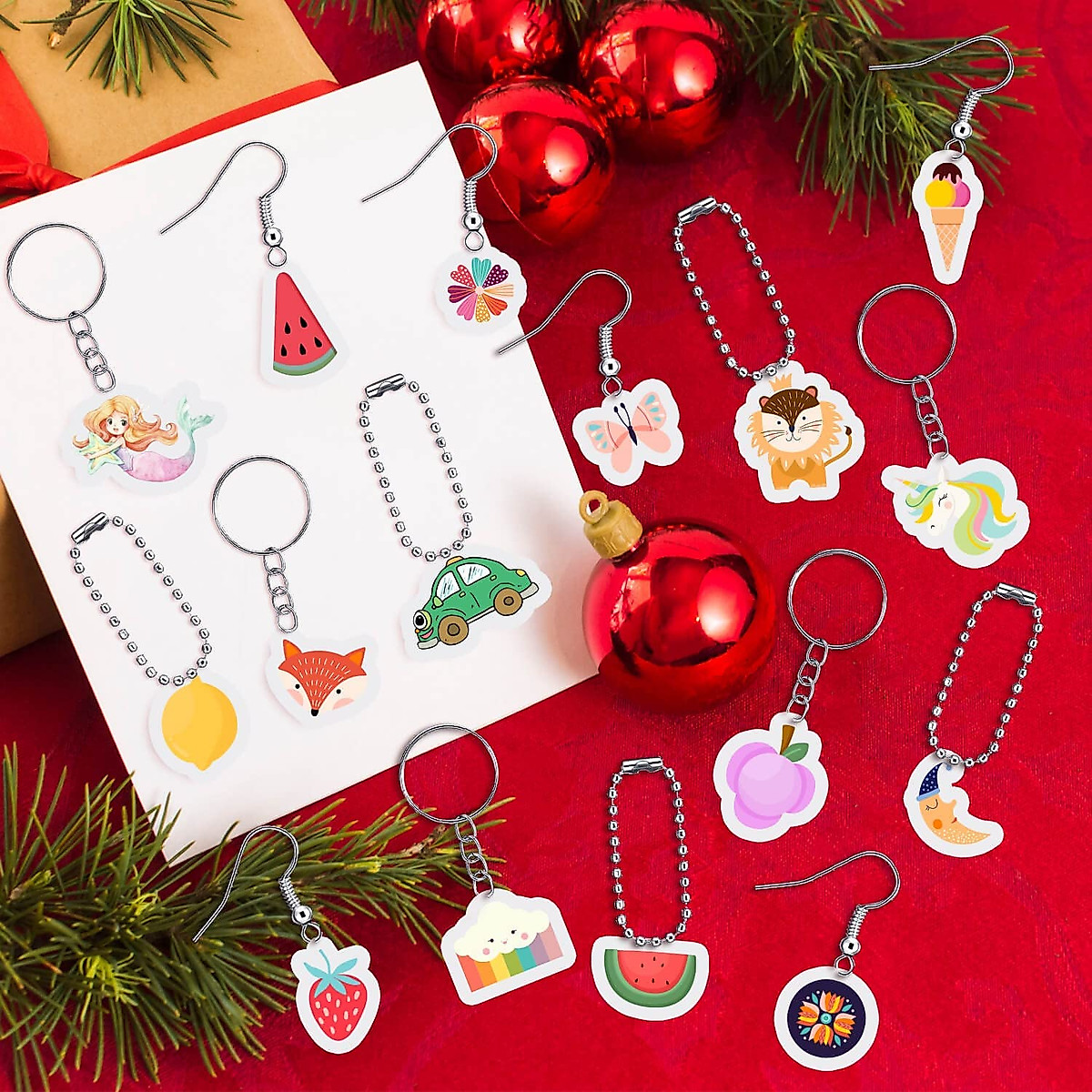 Christmas Shrink Plastic Sheet Kit, for Kids Creative Craft and DIY Ornaments ( 32 Pcs Shrinky Paper with 125 Pcs Keychains Accessories Included