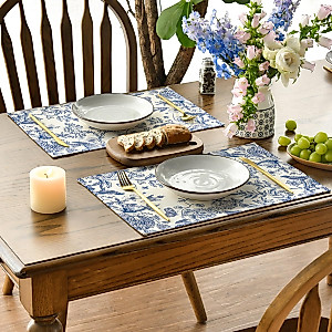 Artoid Mode Hydrangea Flowers Branches Chinoiserie Spring Placemats Set of 4, 12x18 Inch Table Mats for Party Kitchen Dining Decoration