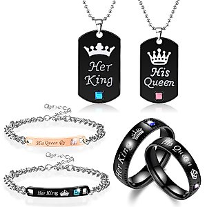 6 Pcs Couples Necklace Bracelet and Ring Set, Includes Necklaces for Him and Her Love Heart Pendant His Queen Her King (Heart Style, Metal)