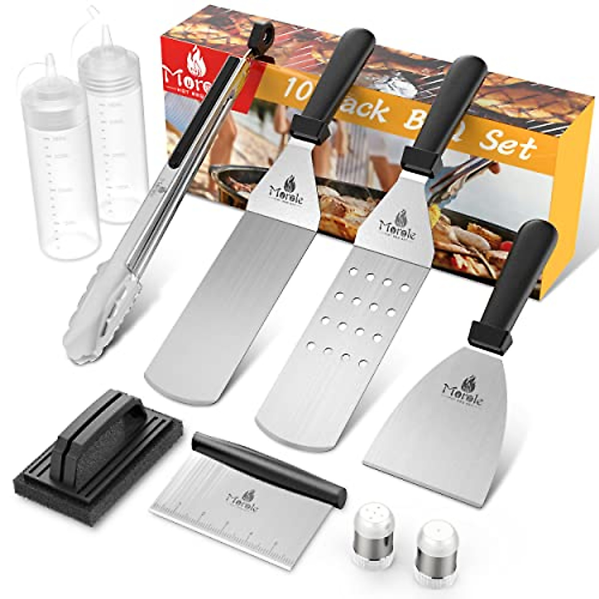 Morole Griddle Accessories Kit, 10PCS Flat Top Grill Accessories Set for Blackstone, Stainless Steel BBQ Accessories with Griddle Spatula, Griddle Scraper, Chopper, Bottles, Cleaning Set, Tong