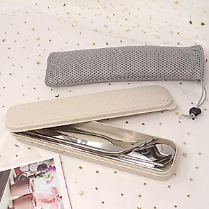 HONBAY 1PCS Portable Wheat Straw Tableware Storage Box Organizer Case and 1PCS Drawstring Net Bag for Travel Camping (Storage box L)