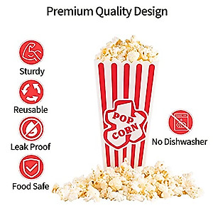 Plastic Popcorn Containers Red & White Striped Retro Style Reusable Popcorn Boxes for Movie Night 4”x8” (4 Pack)