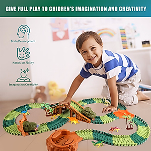 Jurassic Dinosaur Toys Race Car Track for Boys Age 4-7 Dinosaur World Road Race - Flexible Train Track Playset with 2 Cars and 8 Dinos-Todder Kids Best Gifts Ideas 3 5 6 Years Old (220+pcs) DDAI