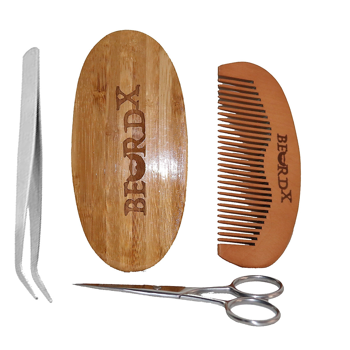 Beard Grooming and Trimming kit for Men's Beard Care| Bamboo Beard Brush Pear Wood Beard Comb with Stainless Steel Scissors and Tweezers Set by Beard Expressions