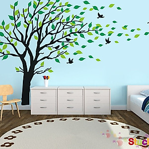 Large Tree Blowing in The Wind Tree Wall Decals Sticker Wall Mural Removable DIY Wall Sticker Vinyl Art Kids Rooms Teen Girls Boys Wallpaper Nursery Room Decor (Black and Green,Right)