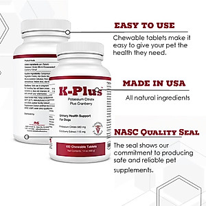 K-Plus Potassium Citrate Plus Cranberry Supplement for Dogs - UTI Remedy Chewable Tablets - Supports Bladder Health - for Every Dog Breed, 200 Chewable Tablets
