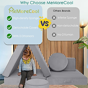 MeMoreCool Kids Couch for Playroom, Modular Kids Play Couch for Toddlers, Kids Couch Building Fort, Foam Couch for Kids Explorer Sofa, Grey