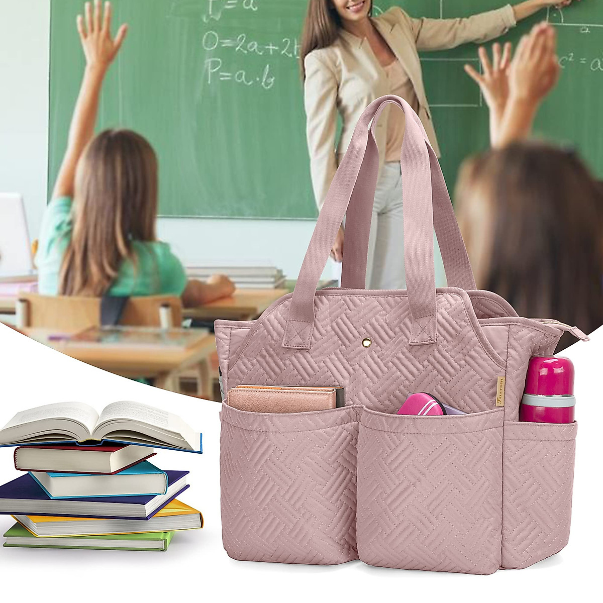 Fasrom Teacher Bag for Work Women, Large Utility Tote Bag with Laptop Compartment for Teacher Essentials (Empty Bag Only), Pink