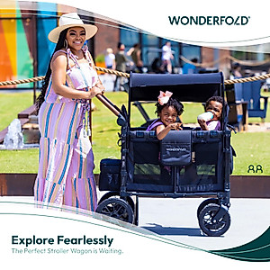 WONDERFOLD W2 Luxe Double Stroller Wagon (2 Seater) - Collapsible Wagon Stroller with Seats with Magnetic Buckle 5-Point Harnesses and Adjustable Sun Canopy, Volcanic Black