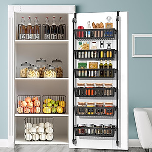 Pantry Door Organizer, Over the Door Pantry Organizer with 6-Tier Adjustable Baskets, Heavy-Duty Metal Wall Mounted Over the Door Spice Rack for Bathroom, Bedroom, Kitchen Organizers and Storage
