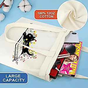 Andeiltech Tote Bag for Women Aesthetic Cute Canvas Tote Bag with Zipper Pocket Cat Book Flower Graphic Grocery Reusable Bags for Beach shopping bag