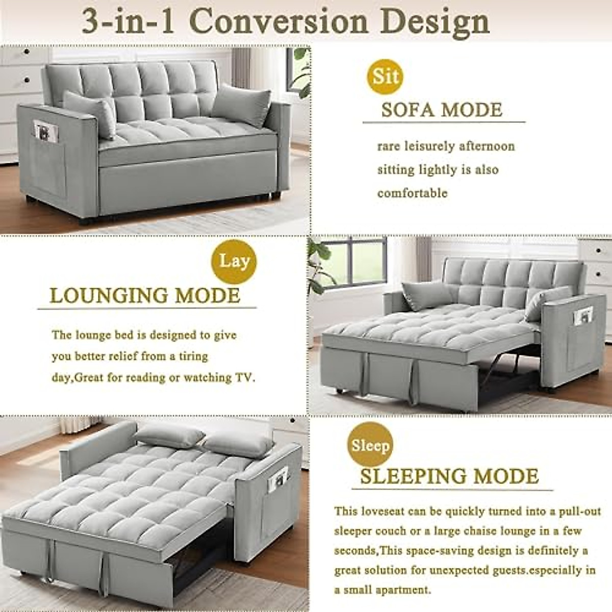 Lin-Utrend 3 in 1 Convertible Sleeper Sofa Bed with Pull Out Sofa Bed, Modern Velvet Loveseat Futon Couch with Adjustable Backrest and Lumbar Pillows,Small Love Seat Lounge Sofa Bed for Small Space