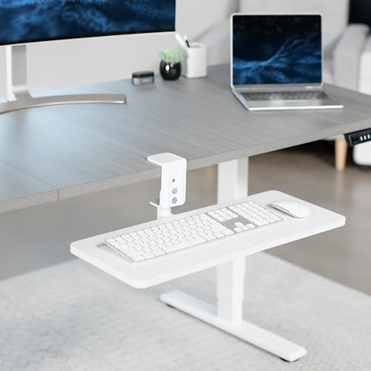 VIVO Clamp-on 25 x 10 inch Rotating Computer Keyboard and Mouse Tray, Extra Sturdy Single Desk Swivel Clamp, Ergonomic Typing, White, MOUNT-KB01CW