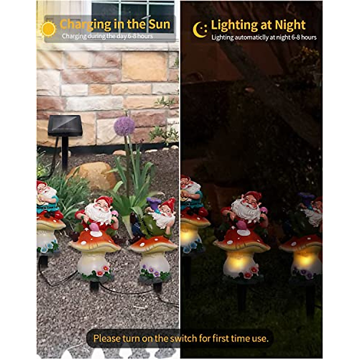 LOGUIDE Outdoor Garden Gnome Statue Solar Lights,Set of 3 LED Resin Mushroom Gnome Garden Stake Lights,Waterproof Outdoor Figurine for Garden,Yard,Flower Bed,Grave,Walkway Decor,Gift for Gnome Lovers