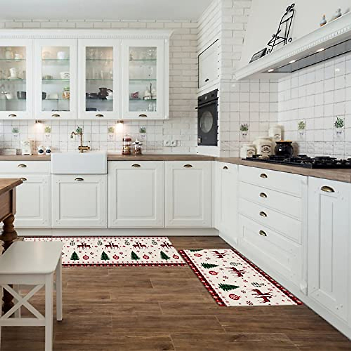 Kitchen Mat Rug Set of 2 Christmas Trees Snowflake Elks Black and Red Plaid Buffalo Beige Runner Rug Anti-Fatigue Comfort Memory Foam Standing Mat Non-Slip Floor Door Mat for Bedroom 16x24n+16x47in