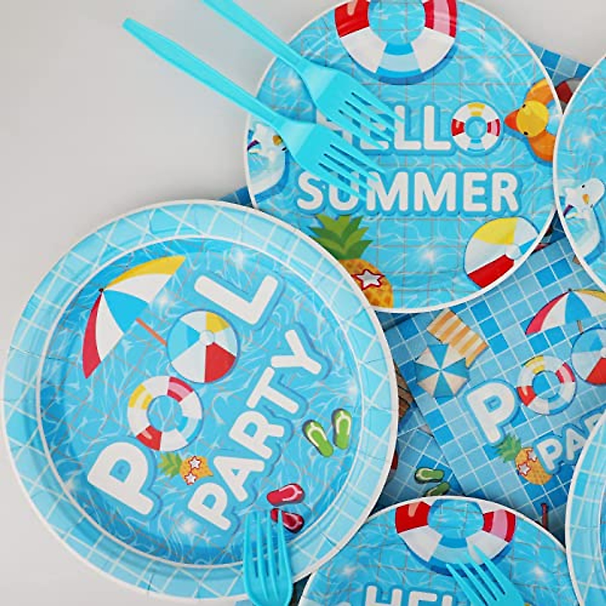 96 Pieces Pool Party Tableware Set for Summer Beach Table Decorations Supplies Beach Ball Birthday Dessert Plates Summer Pool Party Napkins Forks for 24 Guests Hawaiian Pool Birthday Party Favors