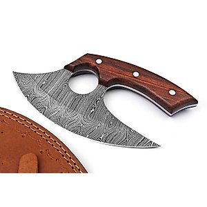 Super Knife Handmade Damascus Steel Ulu Knife - Fixed Blade knife for Chopping Boning Slicing Cutting ,Solid Rose Wood Handle with Leather Sheath, Wood,Steel