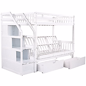 Twin Over Full Futon Bunk Beds with Stairs and Storage Drawers Convertible Wood Bunk Bed Frame Couch and Bed for Kids Boys Girl Adults Teens Dorm, White