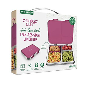 Bentgo® Kids Stainless Steel Leak-Resistant Lunch Box - Bento-Style Redesigned in 2022 w/Upgraded Latches, 3 Compartments, & Extra Container - Eco-Friendly, Dishwasher Safe, Patented Design (Fuchsia)