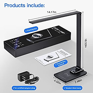 JOSTIC Led Desk lamp with Fast Wireless Charger, Night Lighting, USB Charging Port, 10 Brightness 5 Color, Natural Light Eye Caring Reading Lamp, Desk Light for Home Office, Bedside Table Lamp, Black