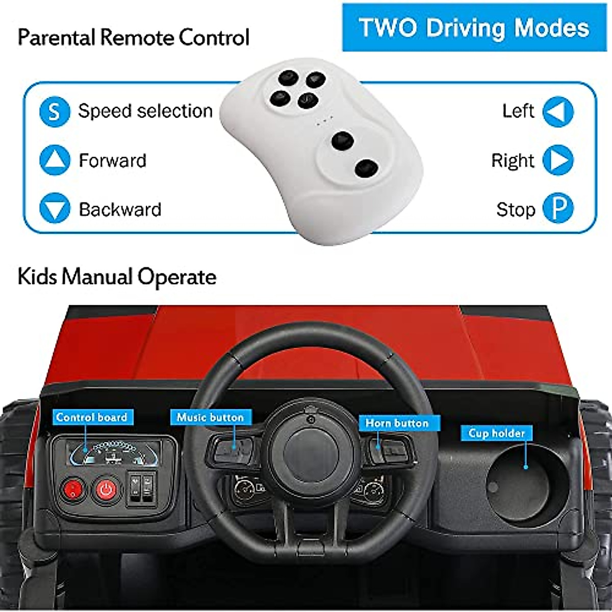 TOBBI 12V Kids Ride on Truck with Remote Control Battery Powered Toy Tractor with Trailer in Red