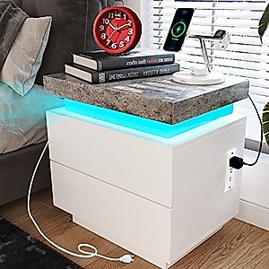 LED Nightstand with Charging Station - Solid Wood LED Bedside Tables End Side Table with 2 USB Ports and 2 AC Outlets - Easy Assembly Modern Night Stands for Bedroom with 2 Sliding Drawers - White