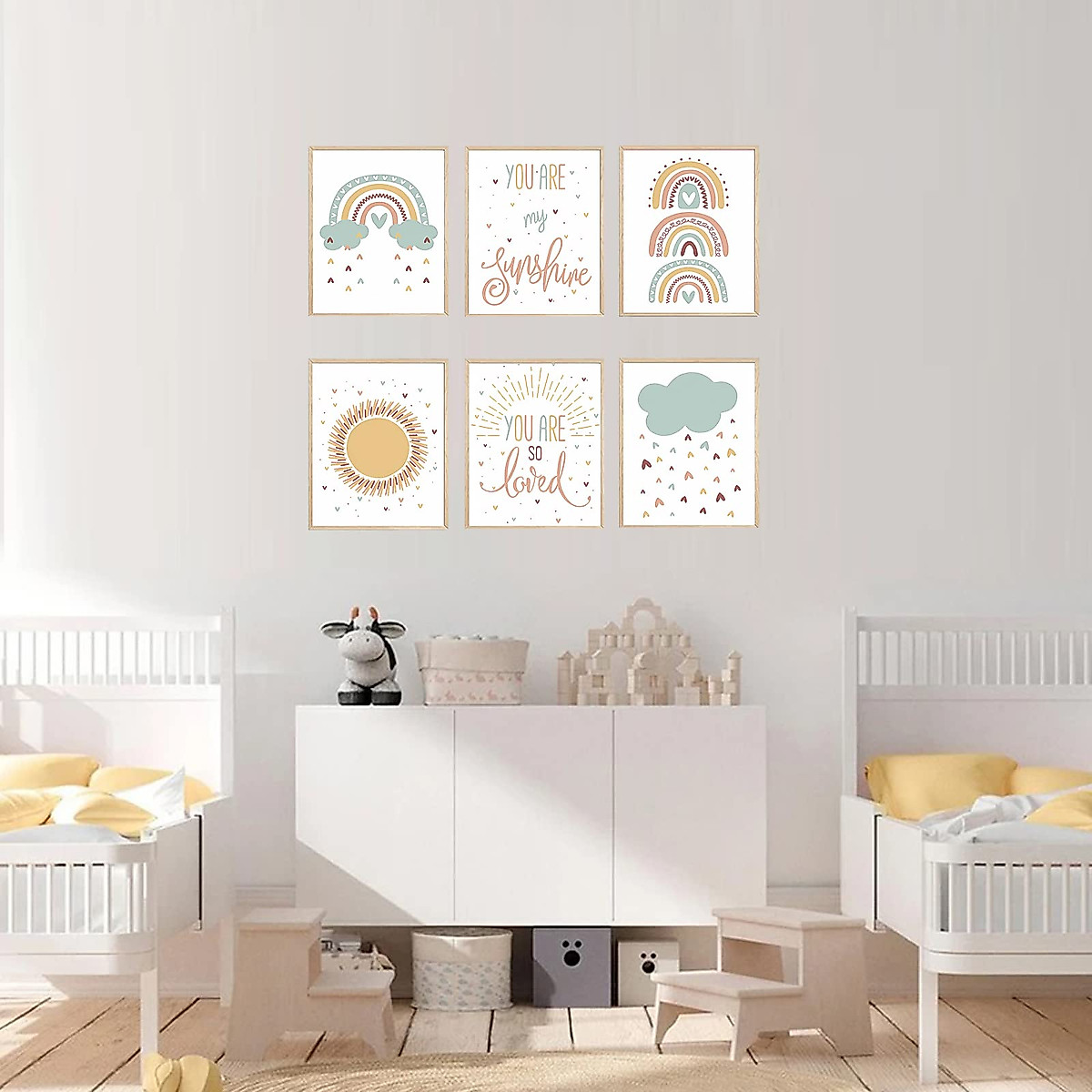 LLOSEUP Boho Nursery Wall Art Prints Rainbow Weather Wall Decor Set of 6 Unframed Heart Rain You Are My Sunshine Inspirational Wall Decoration for Boy Girl Child Room Playroom Bedroom 8x10 Inch