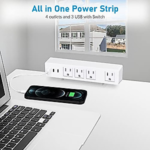 Type-C Under Desk Power Strip, Adhesive Wall Mount Power Strip with USB C Ports, Power Strip Socket Outlet, 4 AC Plug.20W 1 USB-A,2 PD Fast Charging 18W USB-C for Kitchen, Office, Home, Hotel
