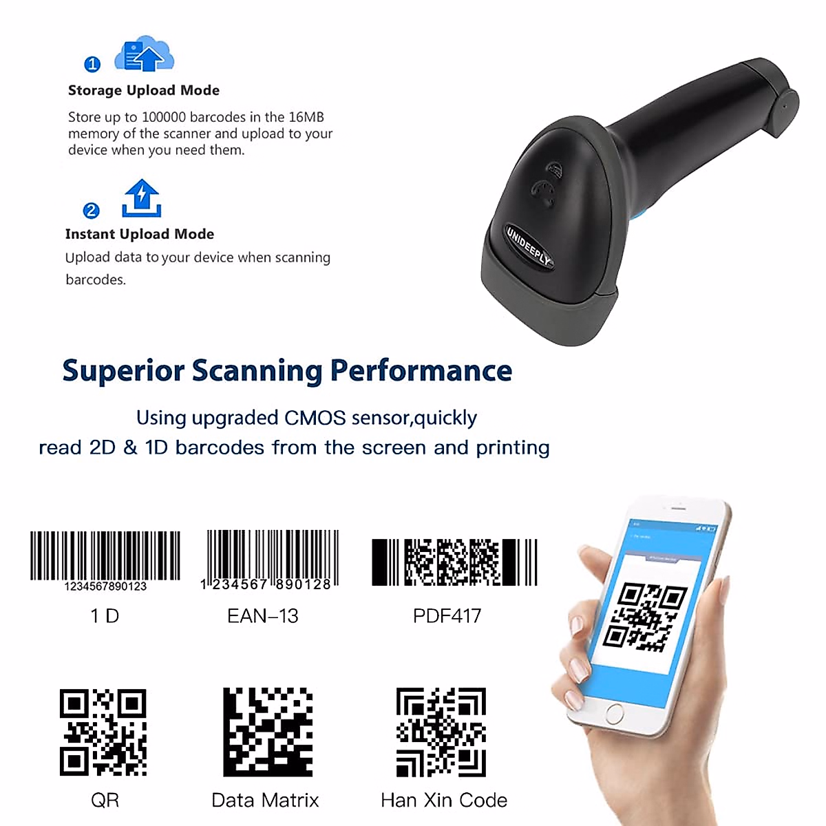 2D 1D 2.4G Wireless Bar Code Scanner Versatile 2 in 1 (Wireless+Wired) for Computers PC, UNIDEEPLY Automatic Barcode Reader Scanner 196 Feet Indoor Transmission Distance, QR PDF417 Scanning Gun, Black